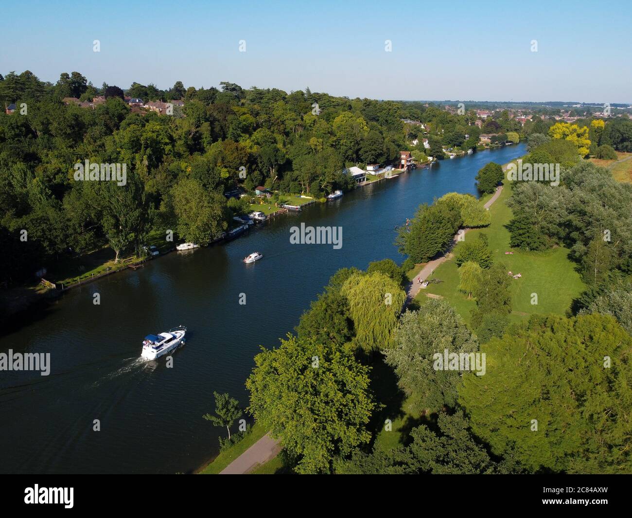 An aerial view of boats on the River Thames as it pases through Reading ...