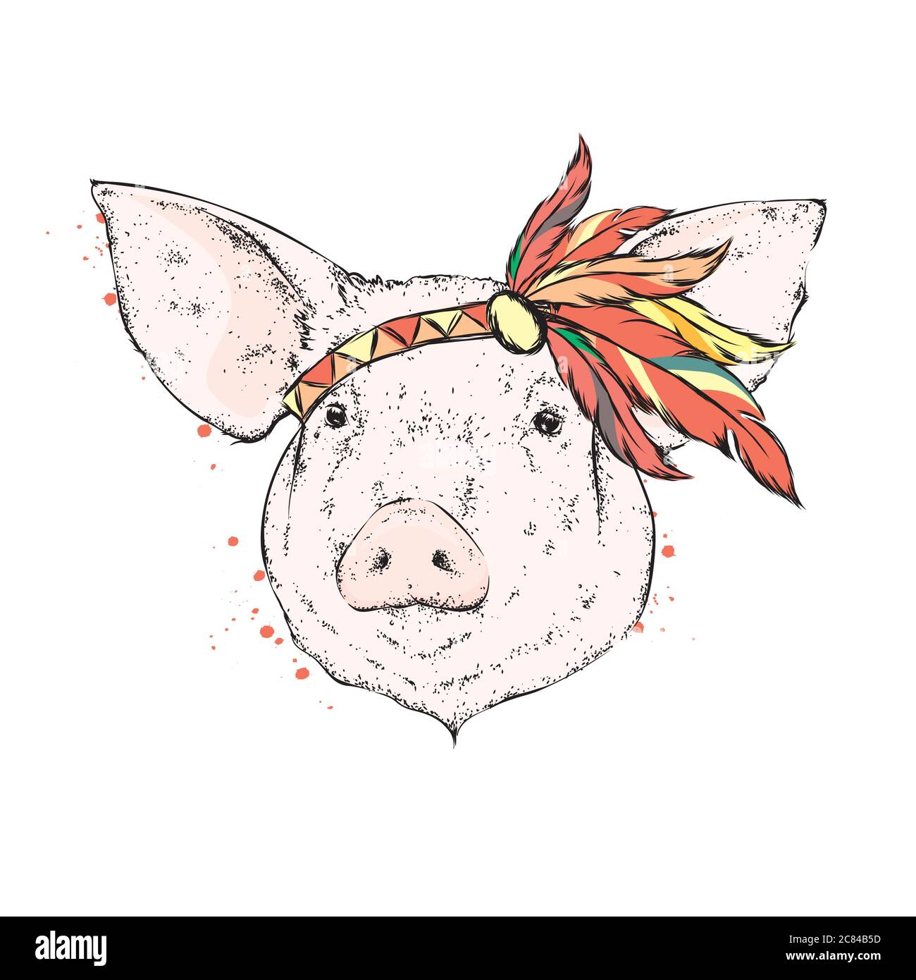 Pig in an Indian feather armband. Indian. Vector illustration Stock ...