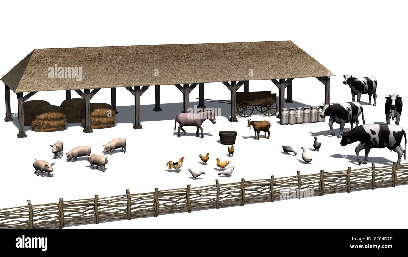 small farm with different animals - isolated on white background Stock ...