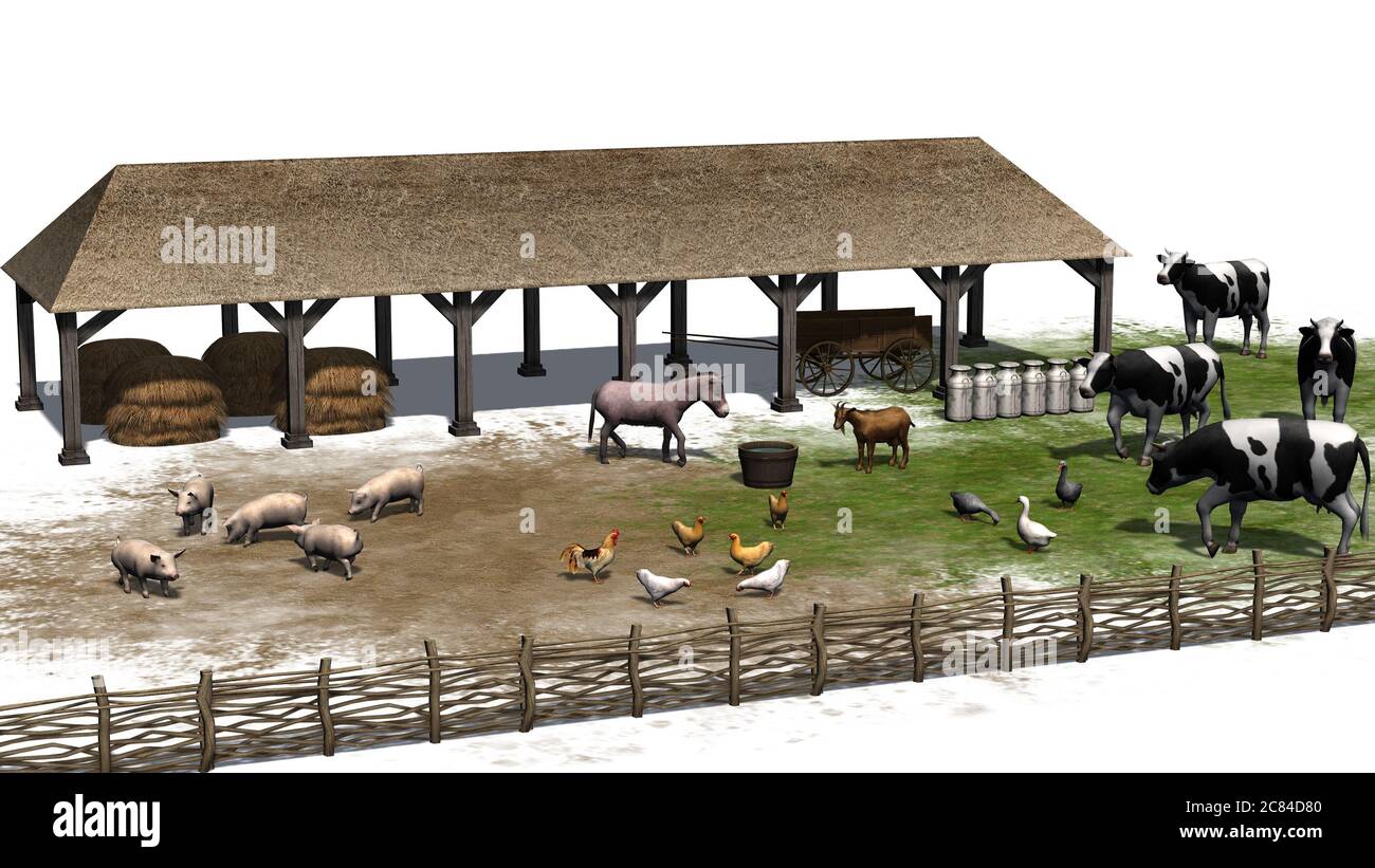 small farm with different animals - isolated on white background Stock ...