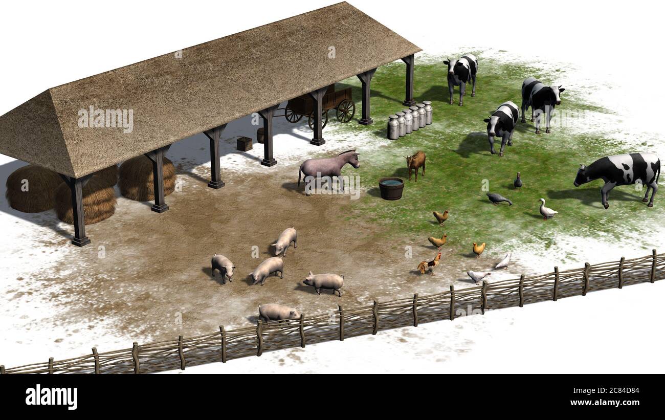 small farm with different animals - isolated on white background Stock ...