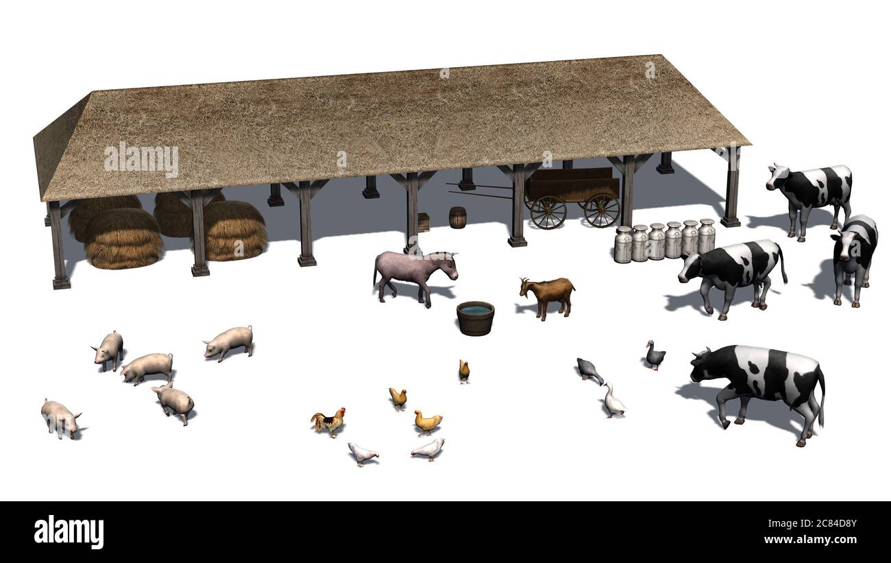 small farm with different animals - isolated on white background Stock ...