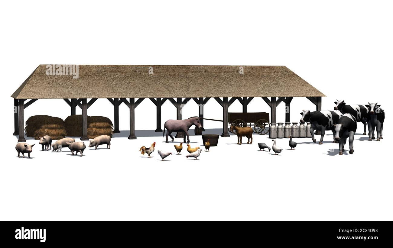 small farm with different animals - isolated on white background Stock ...