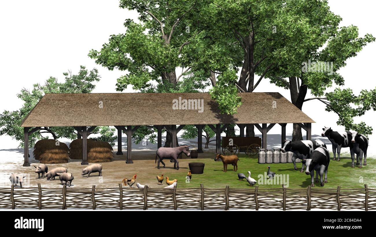 Small Farm With Different Animals Isolated On White Background Stock small-farm-with-different-animals-isolated-on-white-background-stock
