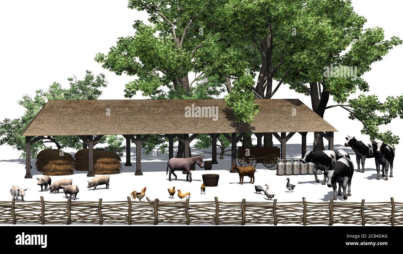 small farm with different animals - isolated on white background Stock ...