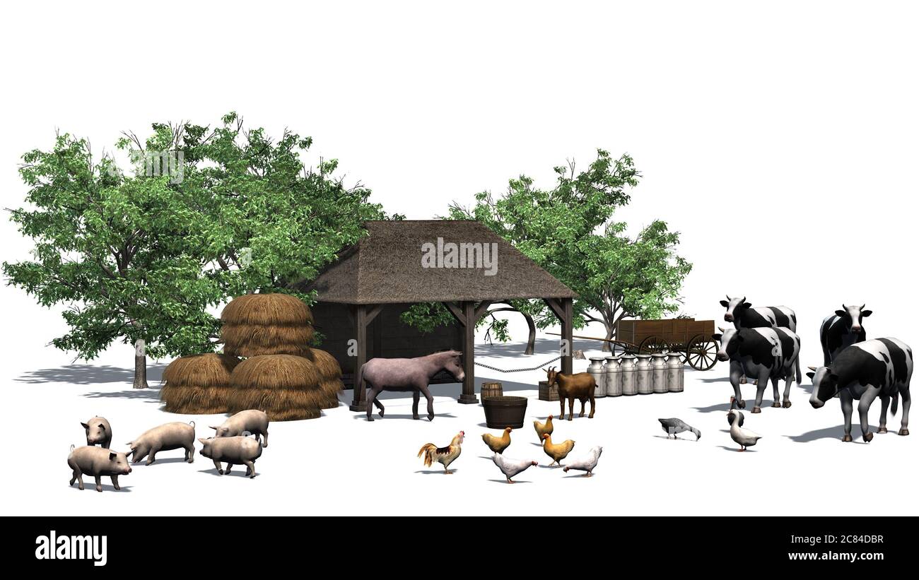 small farm with different animals - isolated on white background Stock ...