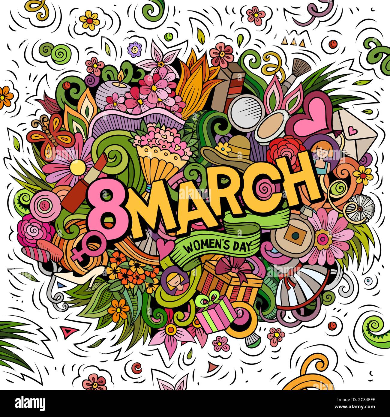 8 March hand drawn cartoon doodles illustration. Funny holiday design ...