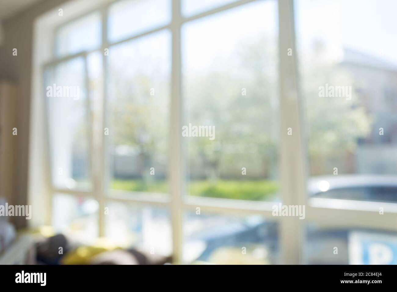 large window with sunlight in the bluer. background for design Stock ...