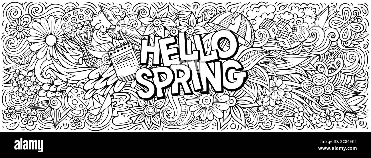 Hello Spring hand drawn cartoon doodles illustration. Line art vector ...