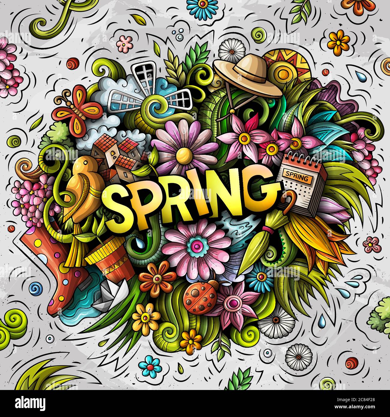 Spring hand drawn cartoon doodles illustration. Funny seasonal design ...