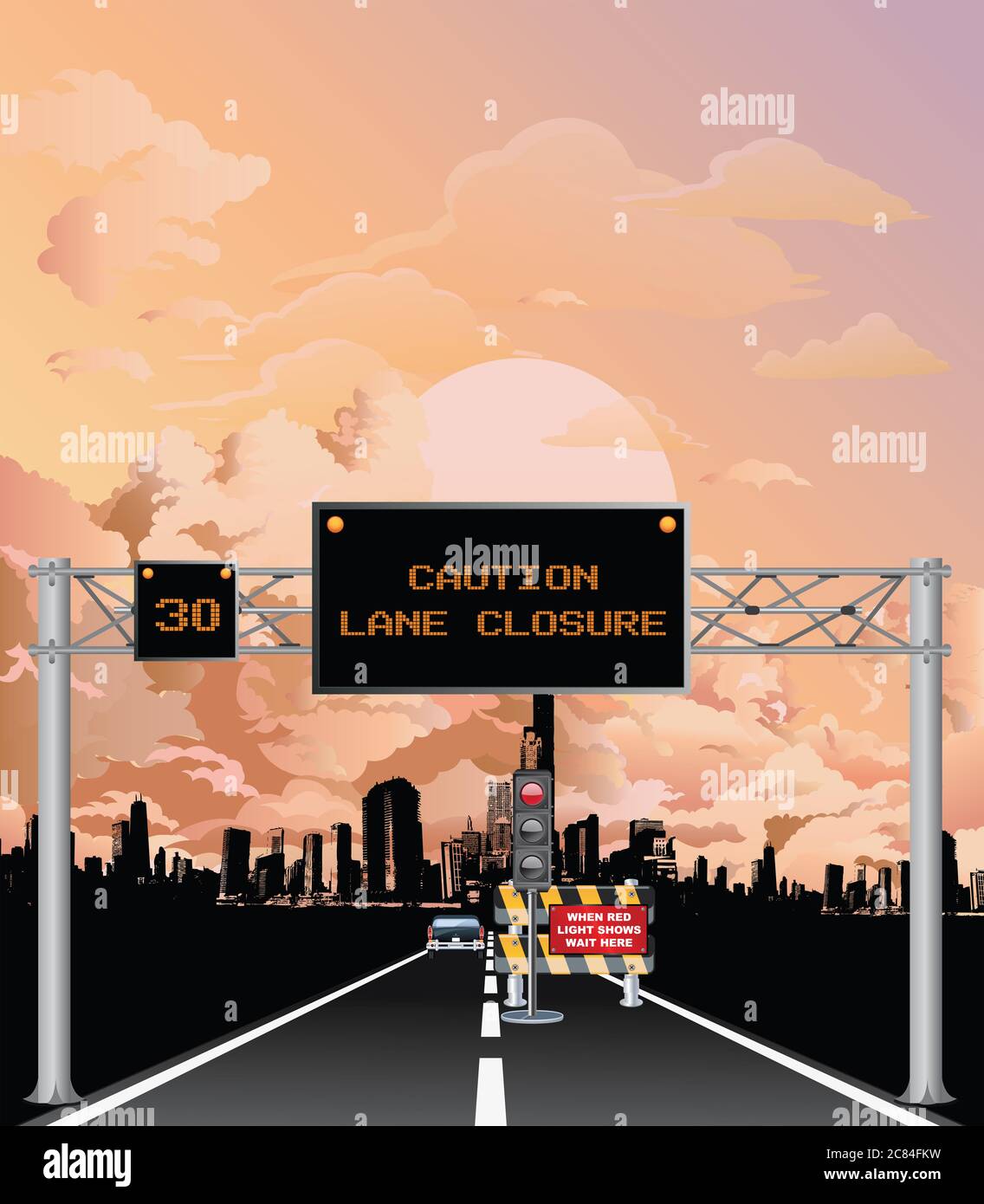 Roadway overhead digital gantry sign with caution roadworks lane ...