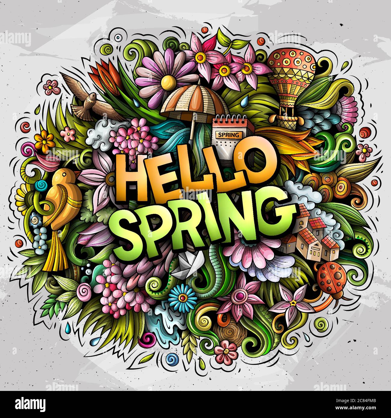 Hello Spring hand drawn cartoon doodles illustration. Funny seasonal ...