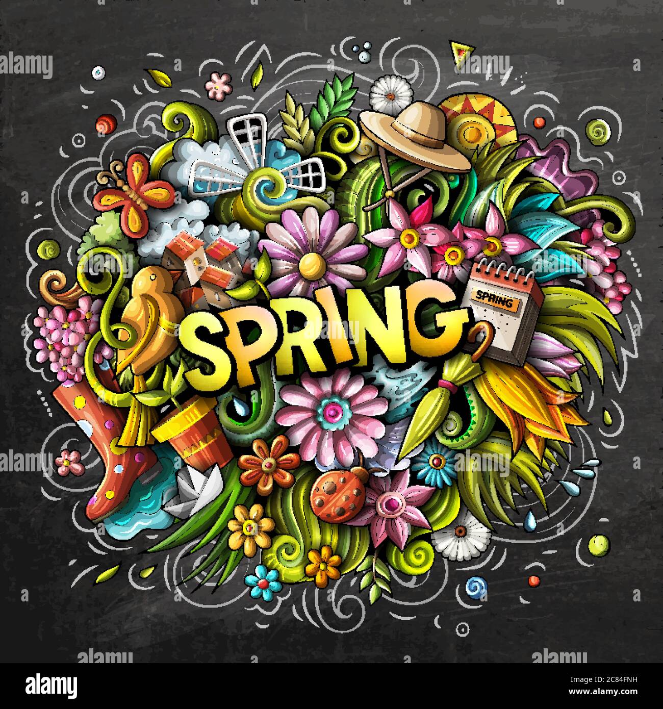 Spring hand drawn cartoon doodles illustration. Funny seasonal design ...