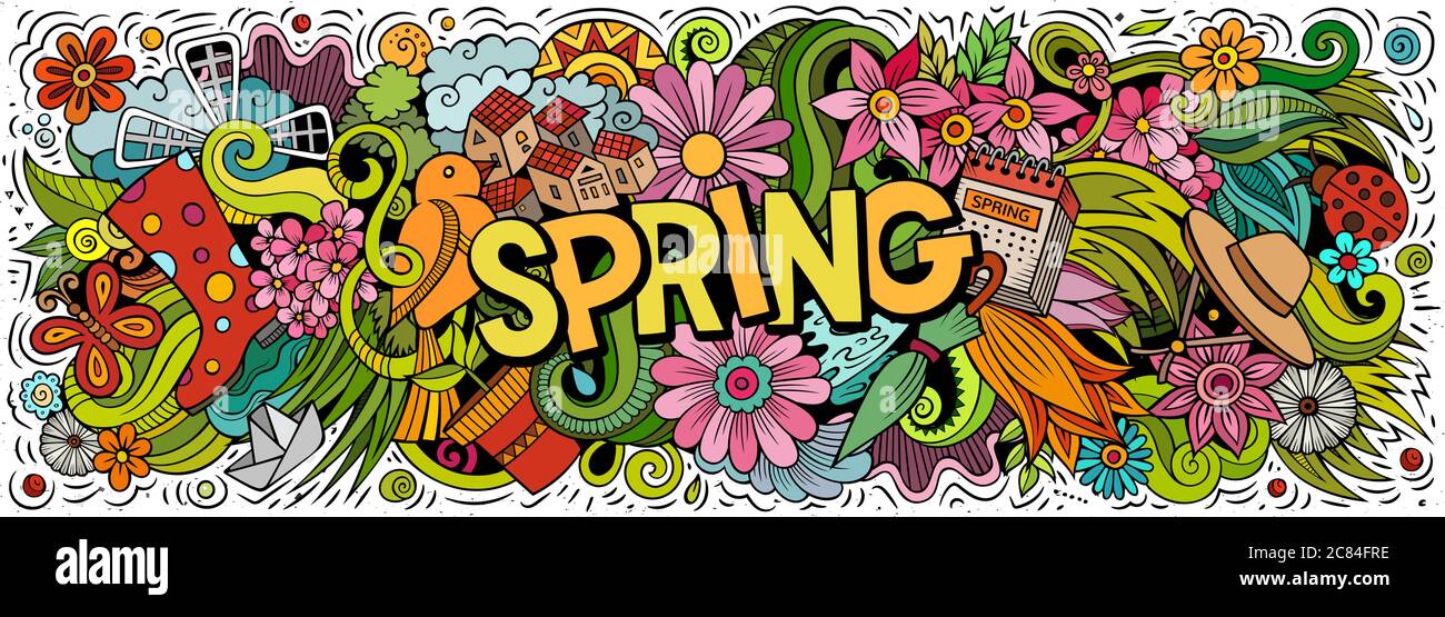 Spring hand drawn cartoon doodles illustration. Colorful vector banner ...
