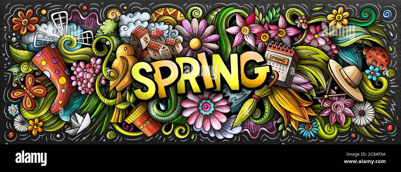 Spring hand drawn cartoon doodles illustration. Colorful vector banner ...