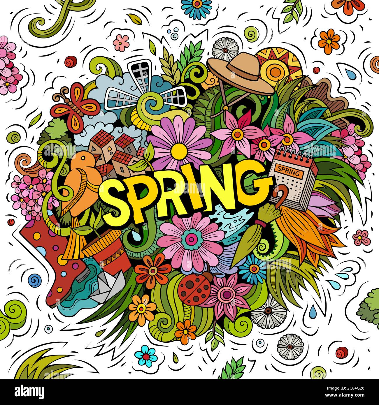 Spring hand drawn cartoon doodles illustration. Funny seasonal design ...