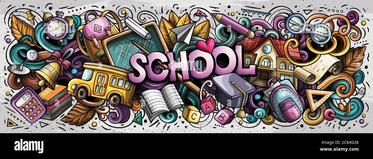 Cartoon cute doodles School word. Colorful illustration Stock Vector ...