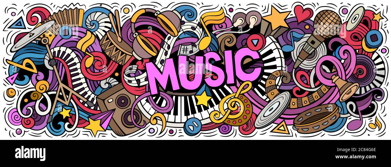 Music hand drawn cartoon doodles illustration. Colorful vector banner ...