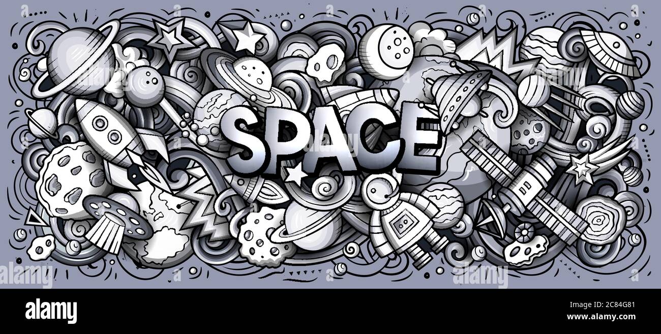 Cartoon cute doodles Space word. Toned horizontal illustration Stock ...
