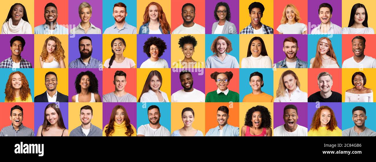 Collection Of Different Joyful Millennials Portraits On Colored ...