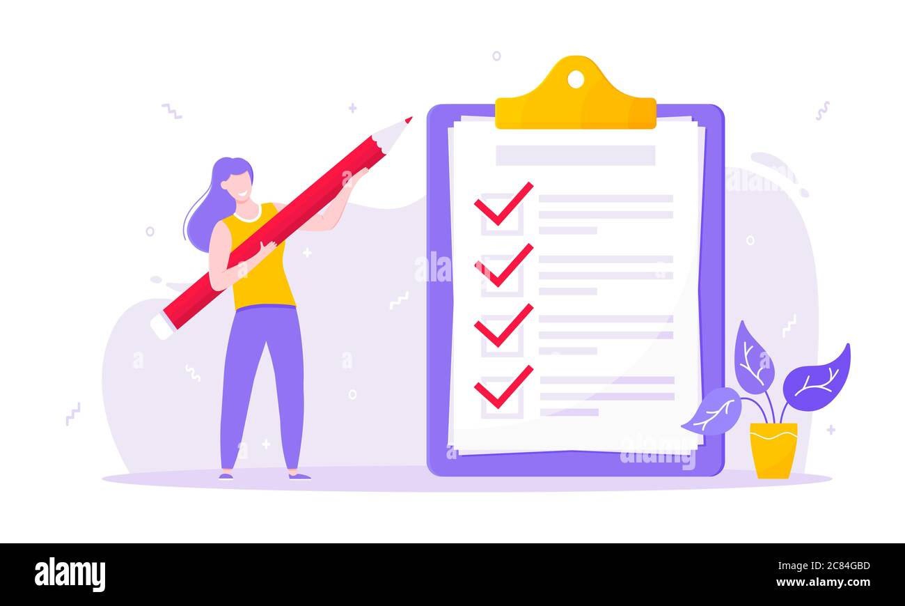 Task done business concept with tiny person with pencil nearby giant ...