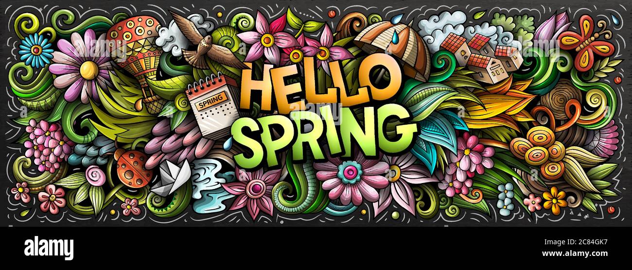 Hello Spring hand drawn cartoon doodles illustration. Colorful vector ...