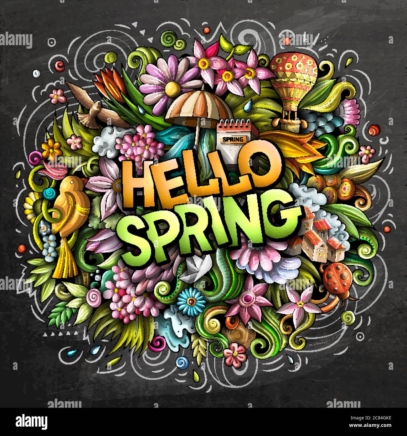 Hello Spring hand drawn cartoon doodles illustration. Funny seasonal ...