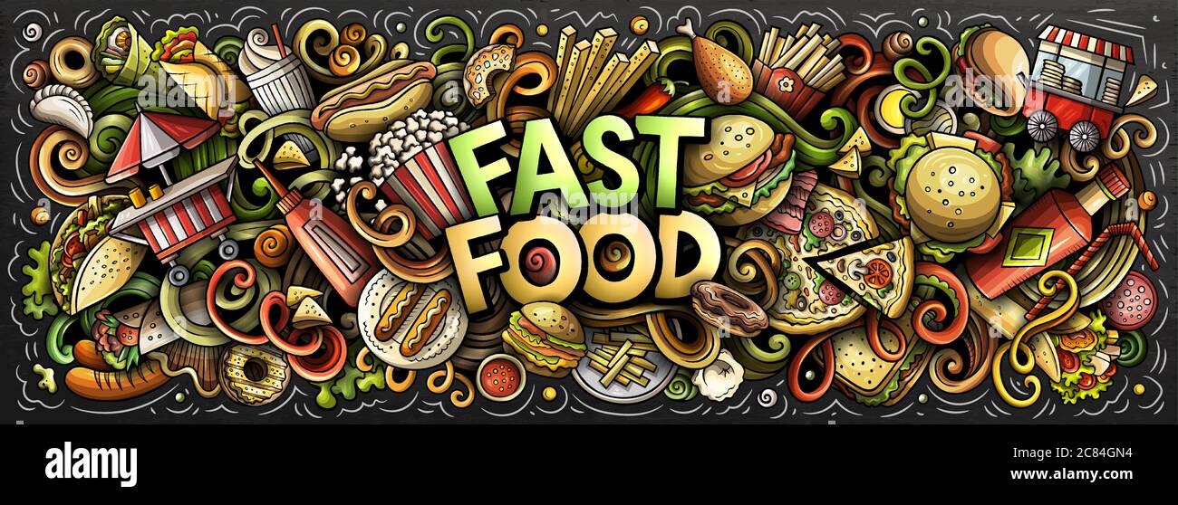 Fastfood hand drawn cartoon doodles illustration. Colorful vector ...