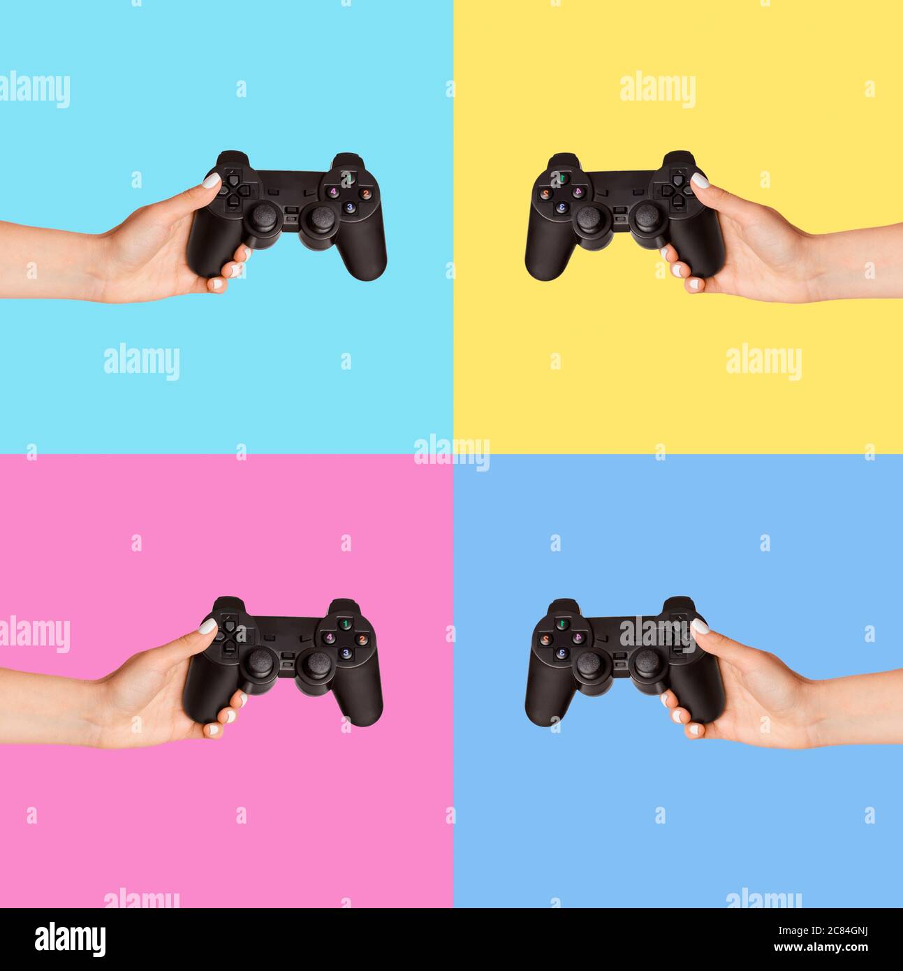 Collage with young ladies holding gaming controllers over color ...