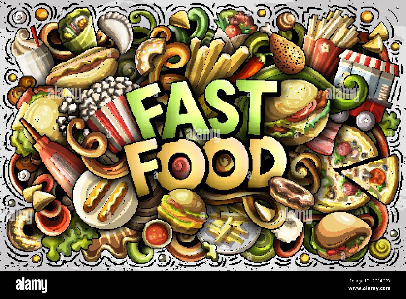 Fastfood hand drawn cartoon doodles illustration. Colorful vector ...