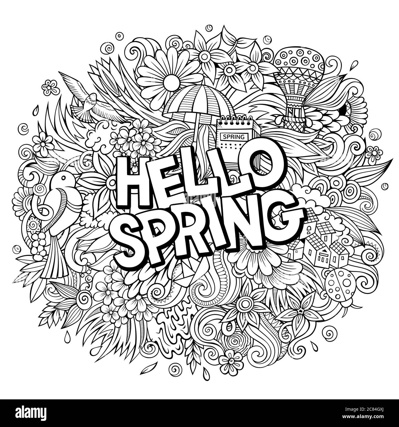 Hello Spring hand drawn cartoon doodles illustration. Funny seasonal ...