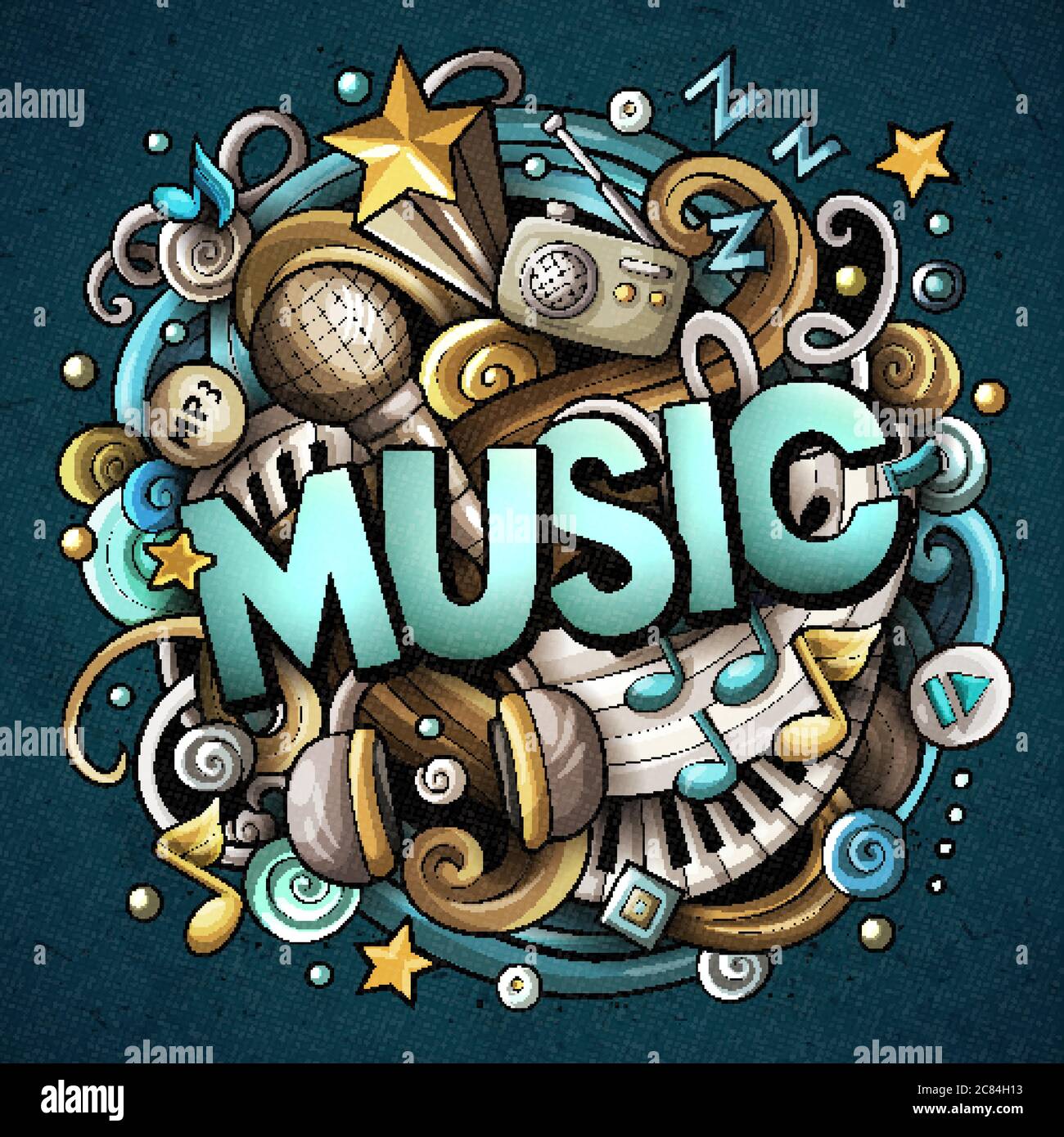 Cartoon cute doodles Music word. Colorful illustration Stock Vector ...