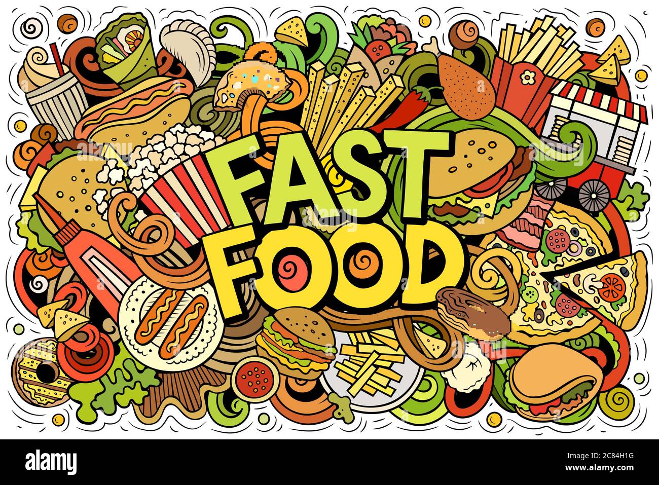 Fastfood hand drawn cartoon doodles illustration. Colorful vector ...