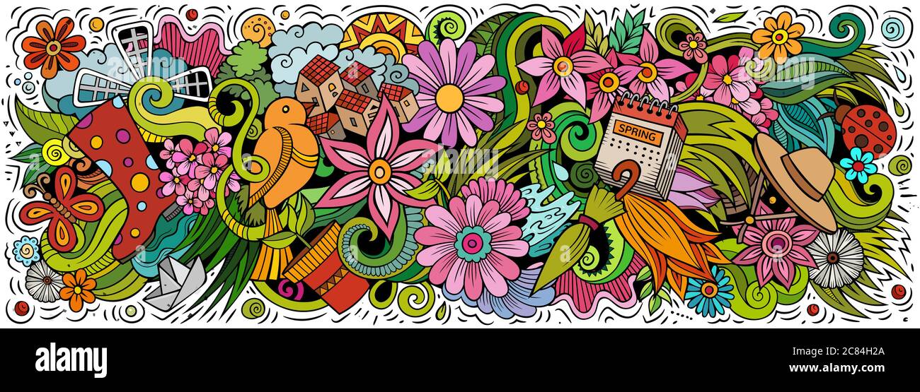 Spring hand drawn cartoon doodles illustration. Colorful vector banner ...