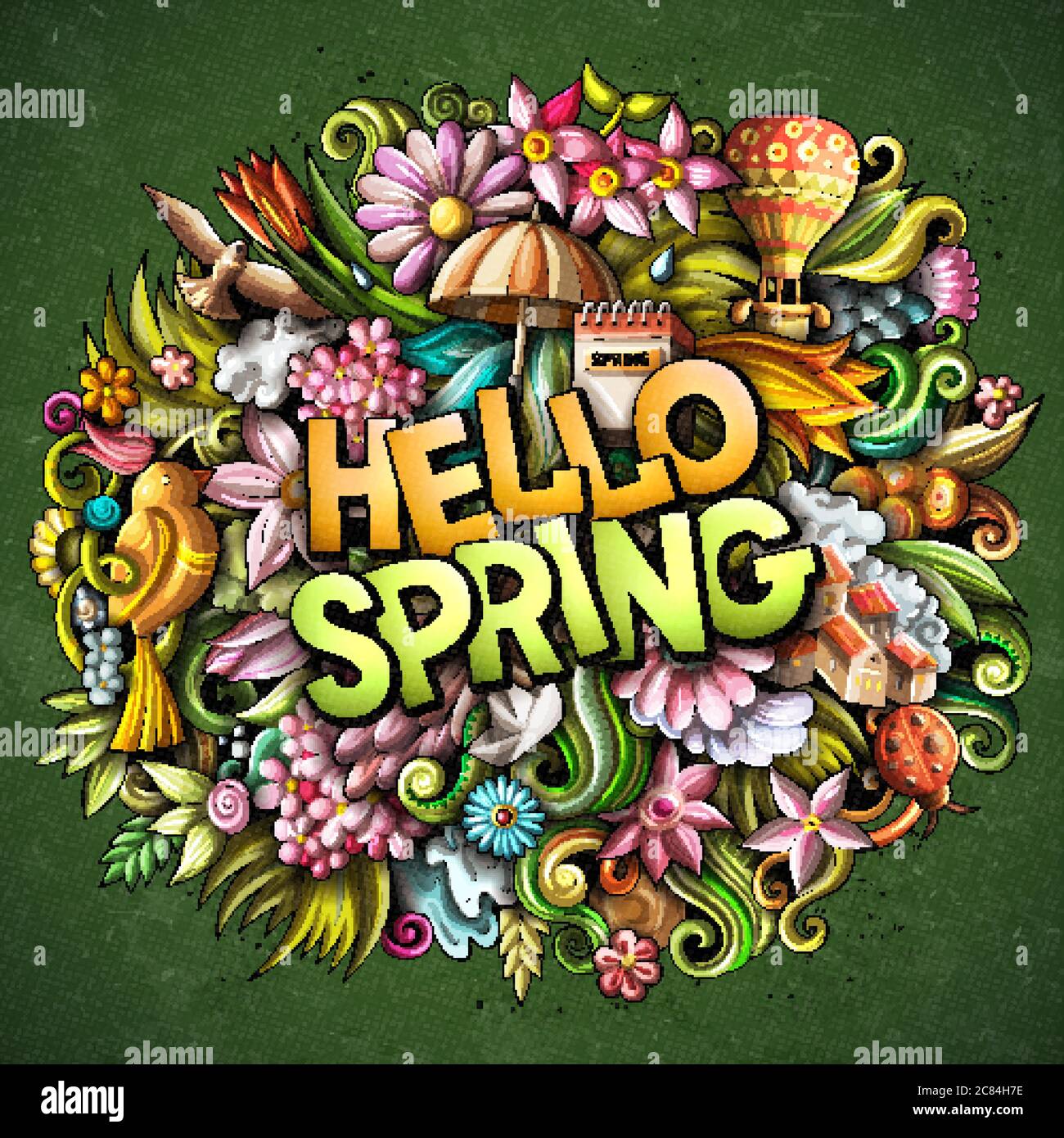 Hello Spring hand drawn cartoon doodles illustration. Funny seasonal ...