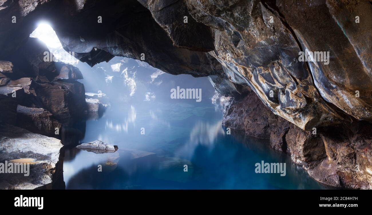 Grjótagjá, small lava cave near lake Mývatn with a thermal spring ...