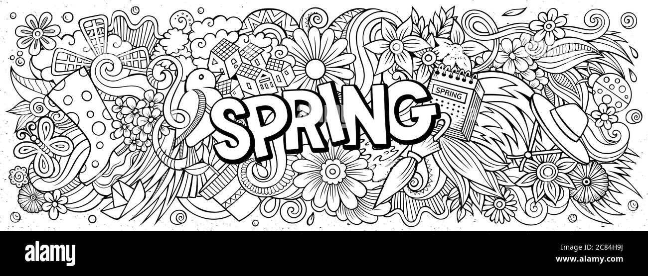 Spring hand drawn cartoon doodles illustration. Line art vector banner ...