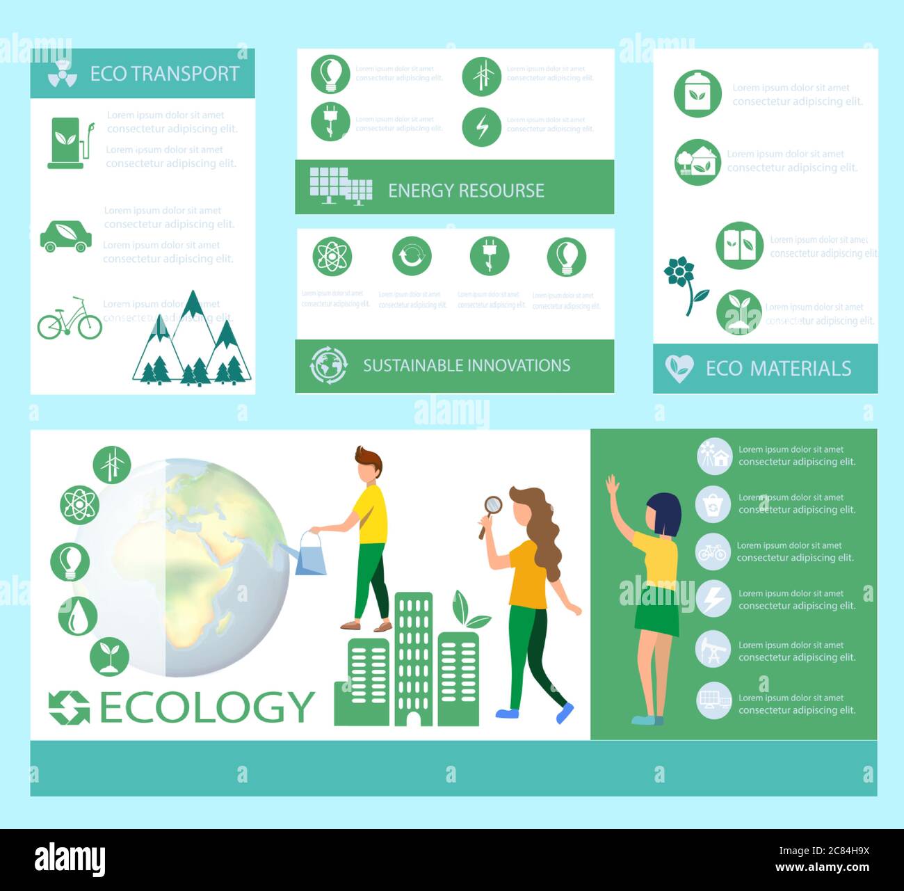 Ecology banner set template Vector. Earth, energy, Eco transport and ...