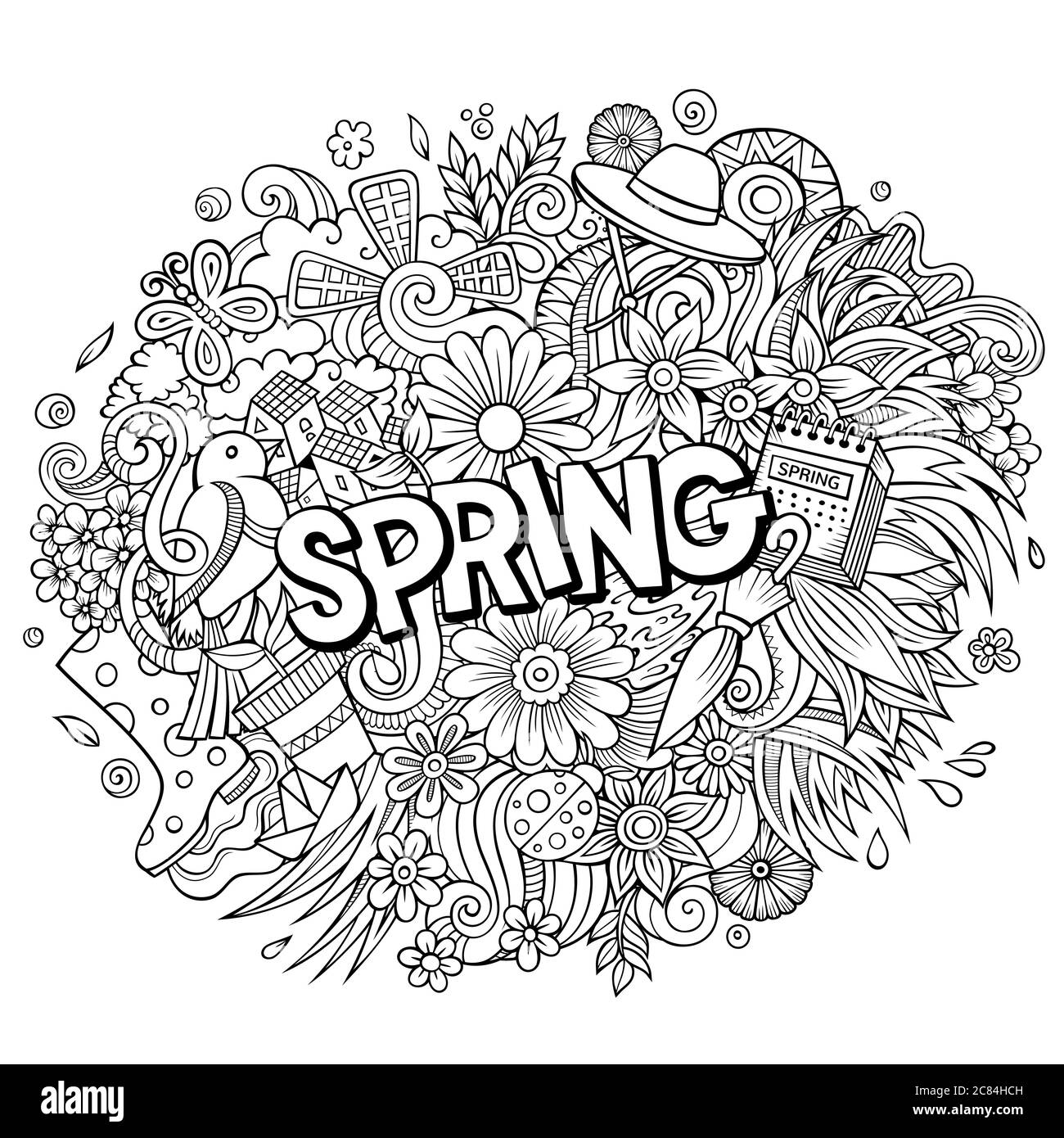Spring hand drawn cartoon doodles illustration. Funny seasonal design ...