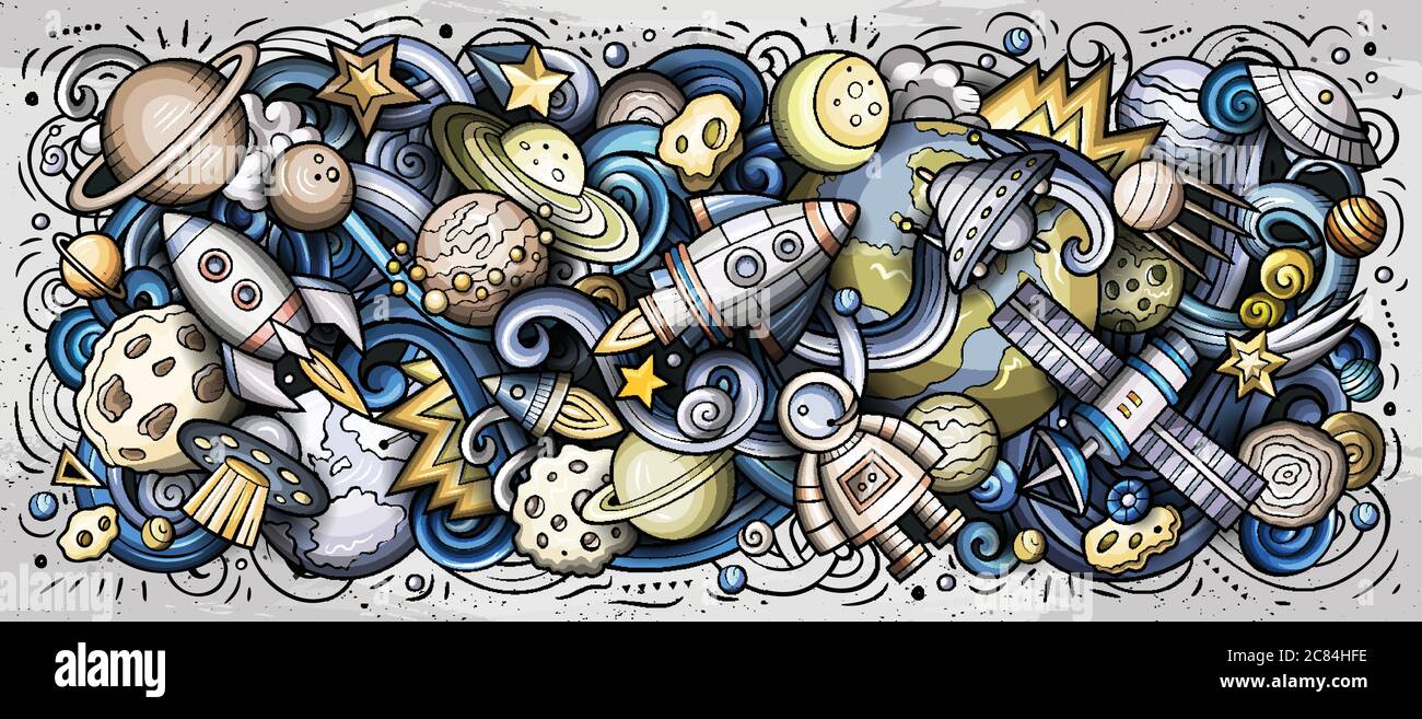 Space hand drawn cartoon doodles illustration. Colorful vector banner ...