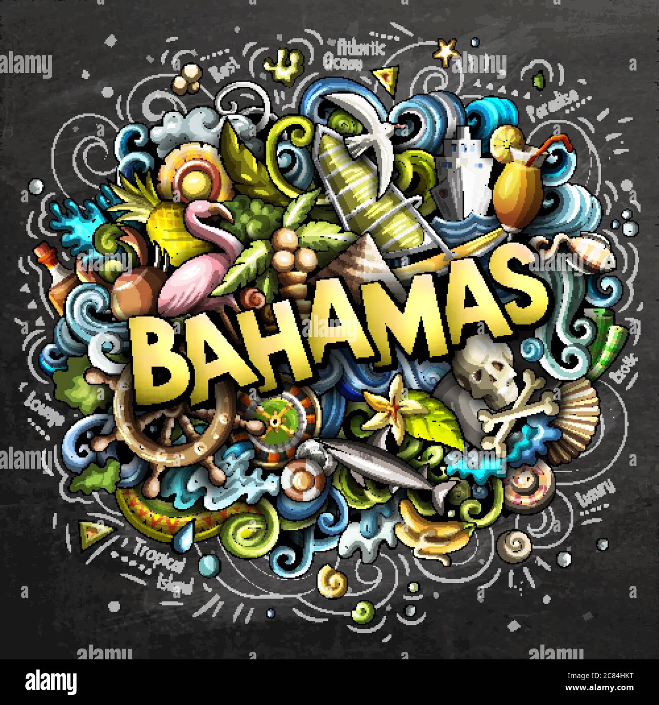Bahamas hand drawn cartoon doodles illustration. Funny travel design ...