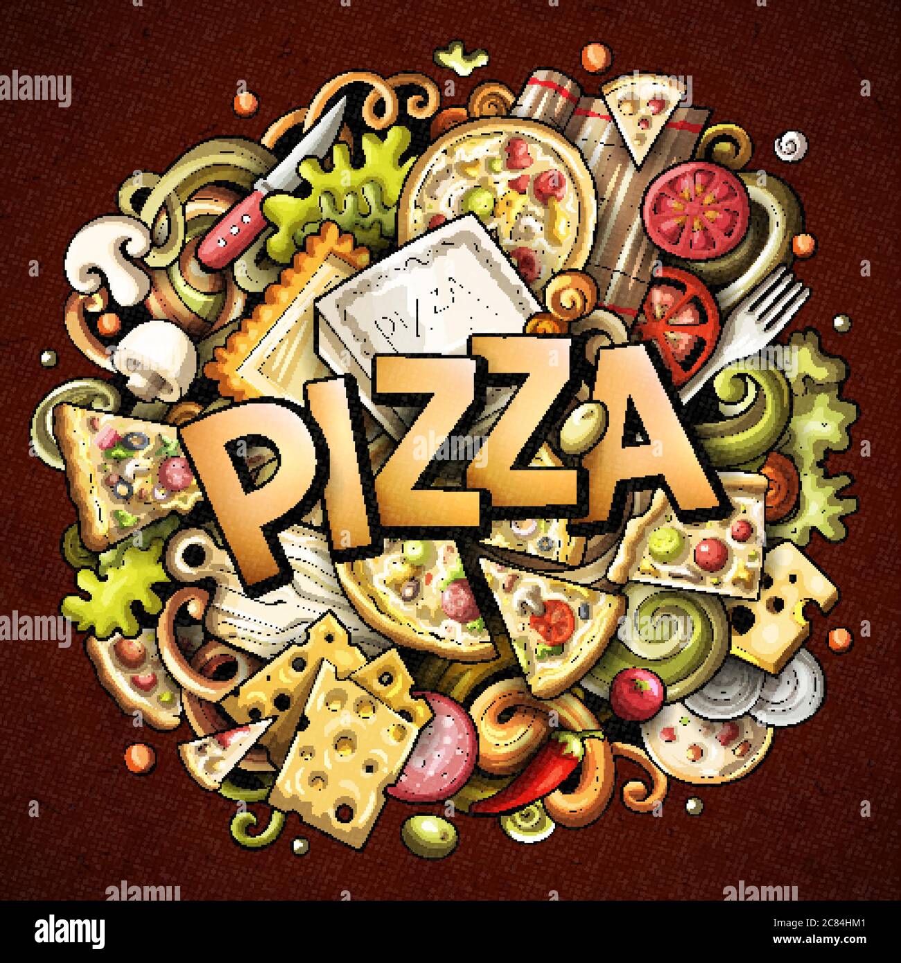 Cartoon cute doodles Pizza word. Colorful illustration Stock Vector ...