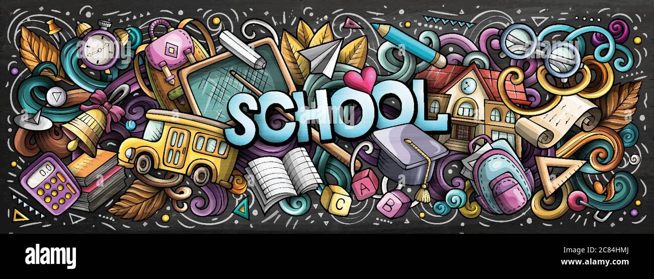 Cartoon cute doodles School word. Colorful illustration Stock Vector ...