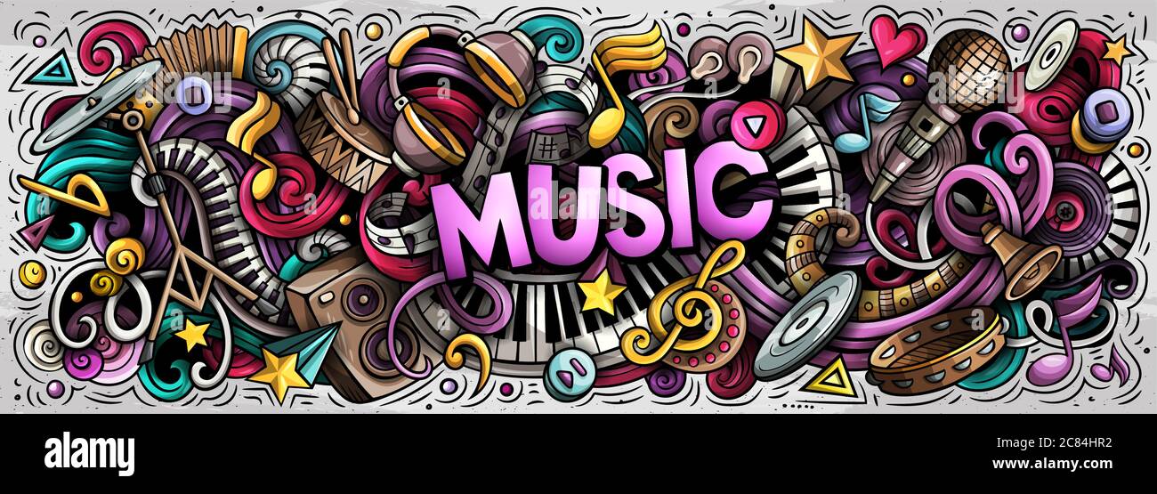 Music hand drawn cartoon doodles illustration. Colorful vector banner ...