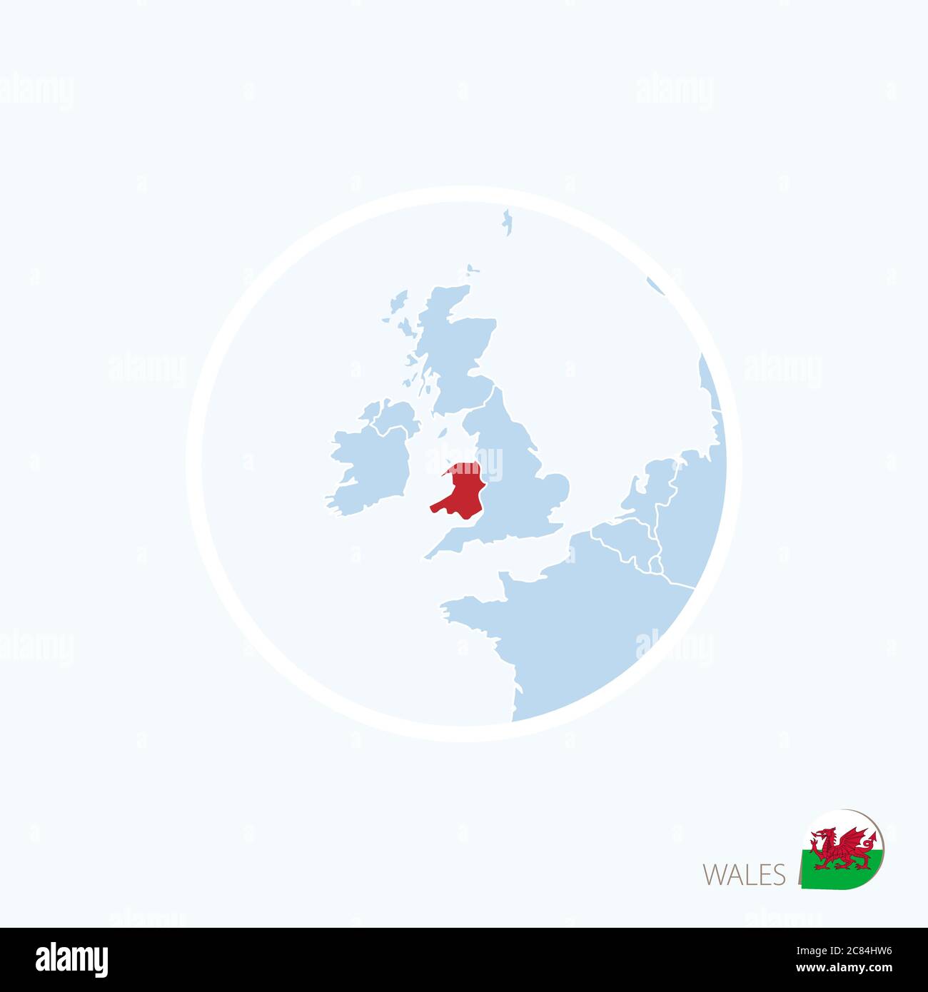 Map icon of Wales. Blue map of Europe with highlighted Wales in red color. Vector Illustration ...