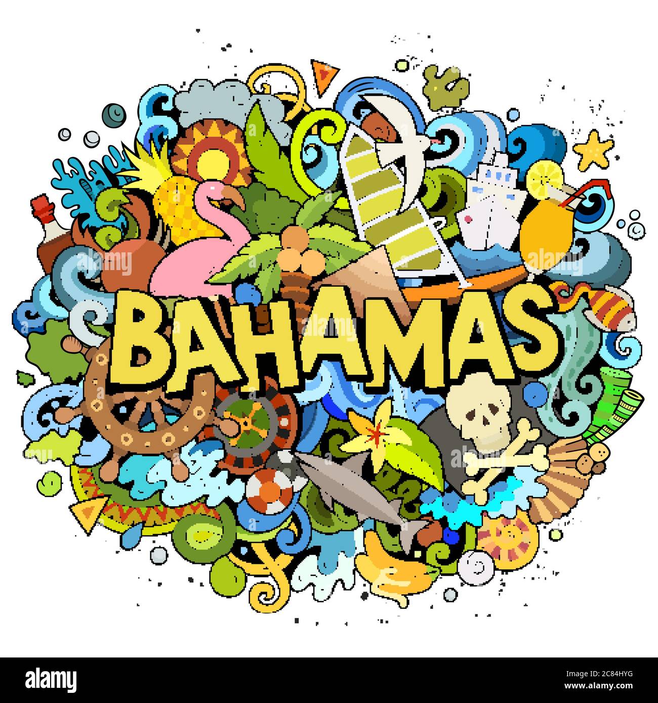 Bahamas hand drawn cartoon doodles illustration. Funny travel design ...