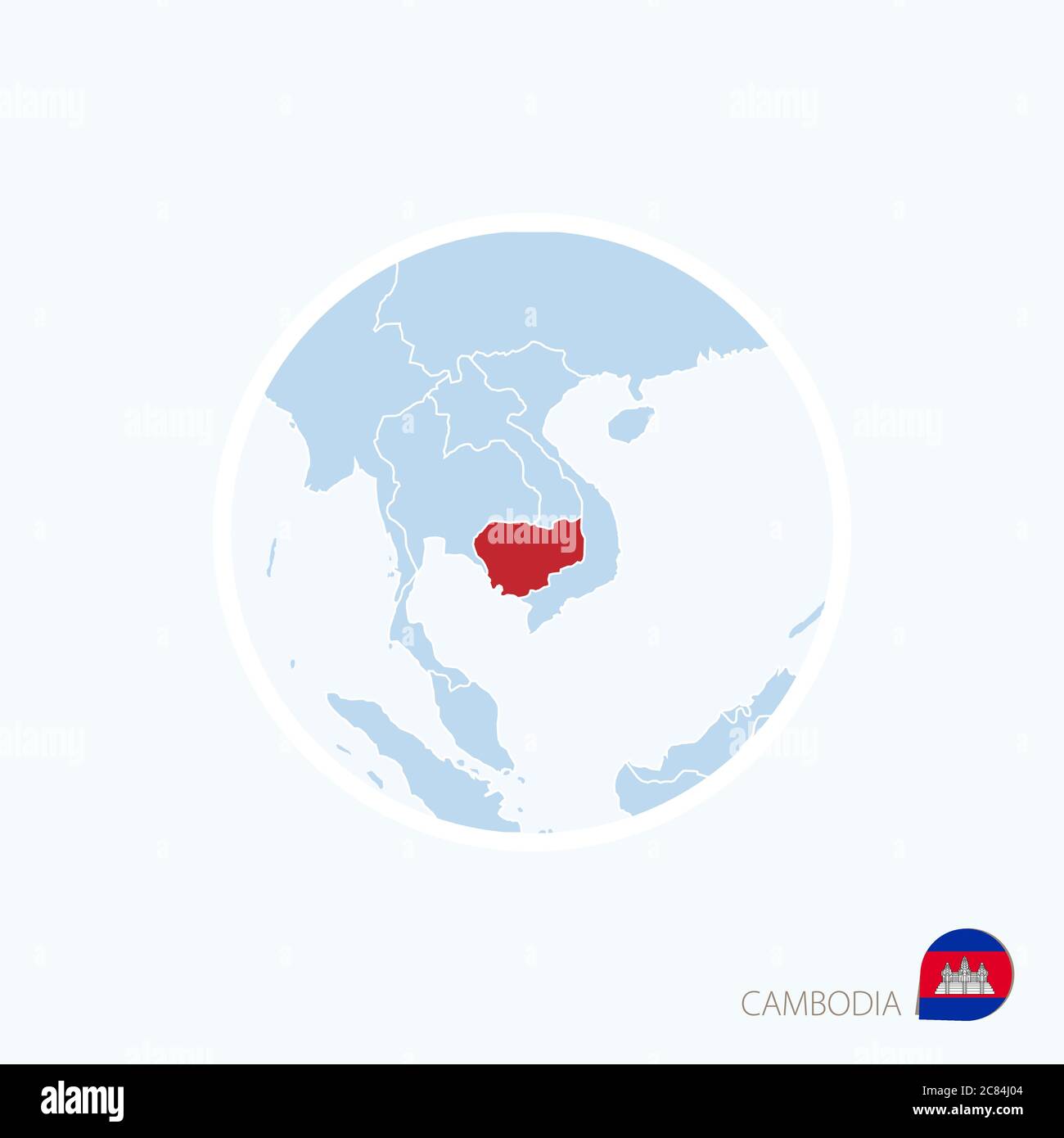 Map icon of Cambodia. Blue map of Asia with highlighted Cambodia in red ...