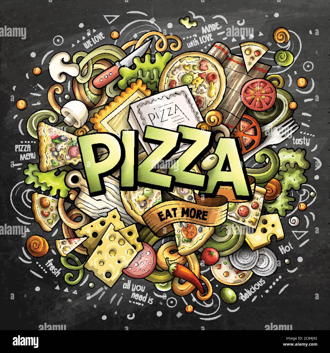 Cartoon cute doodles Pizza word. Colorful illustration Stock Vector ...