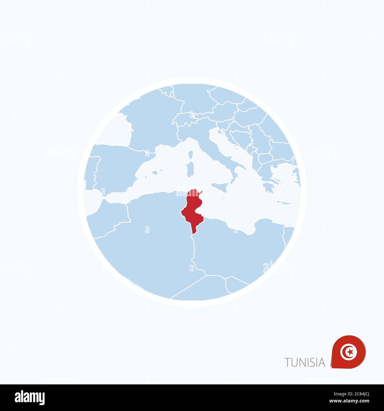 Map icon of Tunisia. Blue map of Africa with highlighted Tunisia in red ...