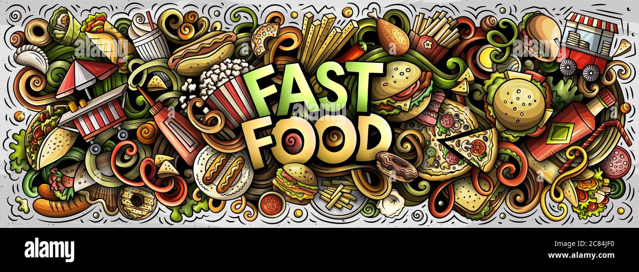 Fastfood hand drawn cartoon doodles illustration. Colorful vector ...